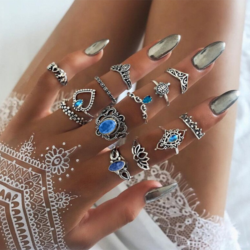 13 Pieces Ocean Blue Themed Boho Bohemian Rings Set – Pebbles Nepal