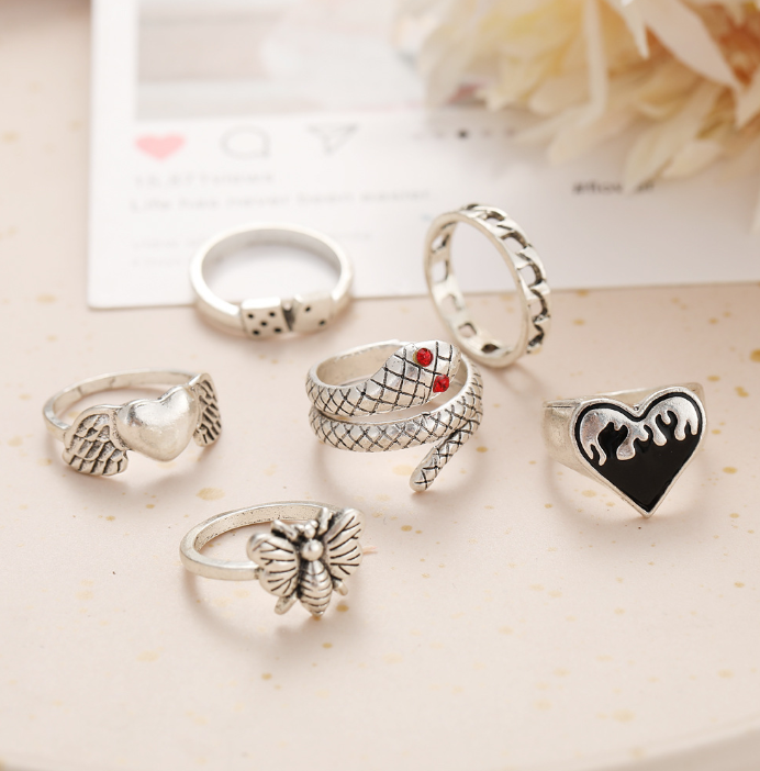 6 Pieces Vintage Gothic Silver Emo Geometric Retro Boho Ring Set ...