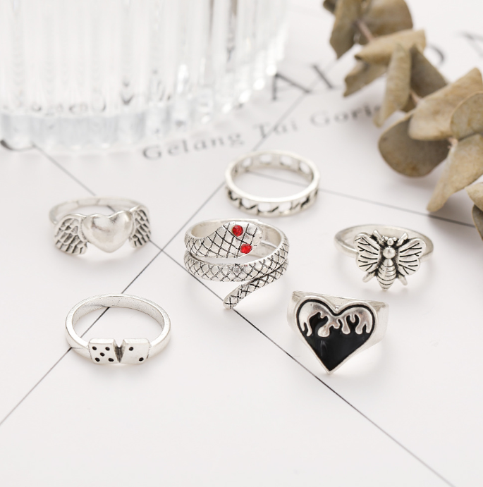 6 Pieces Vintage Gothic Silver Emo Geometric Retro Boho Ring Set ...