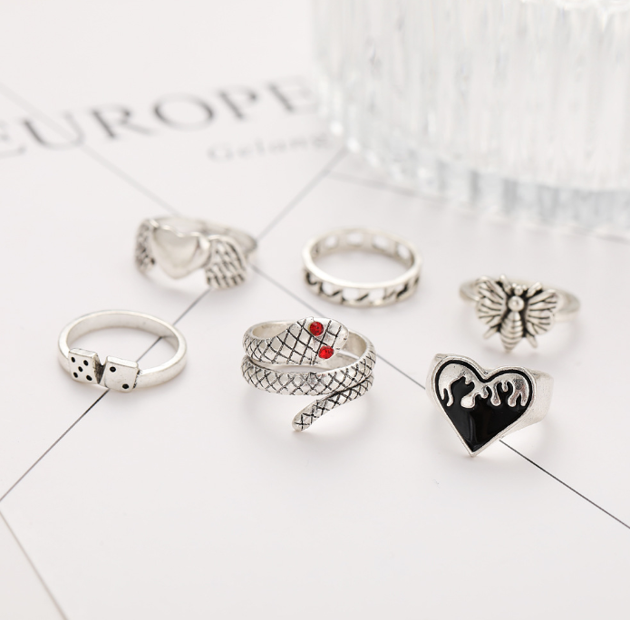 6 Pieces Vintage Gothic Silver Emo Geometric Retro Boho Ring Set ...