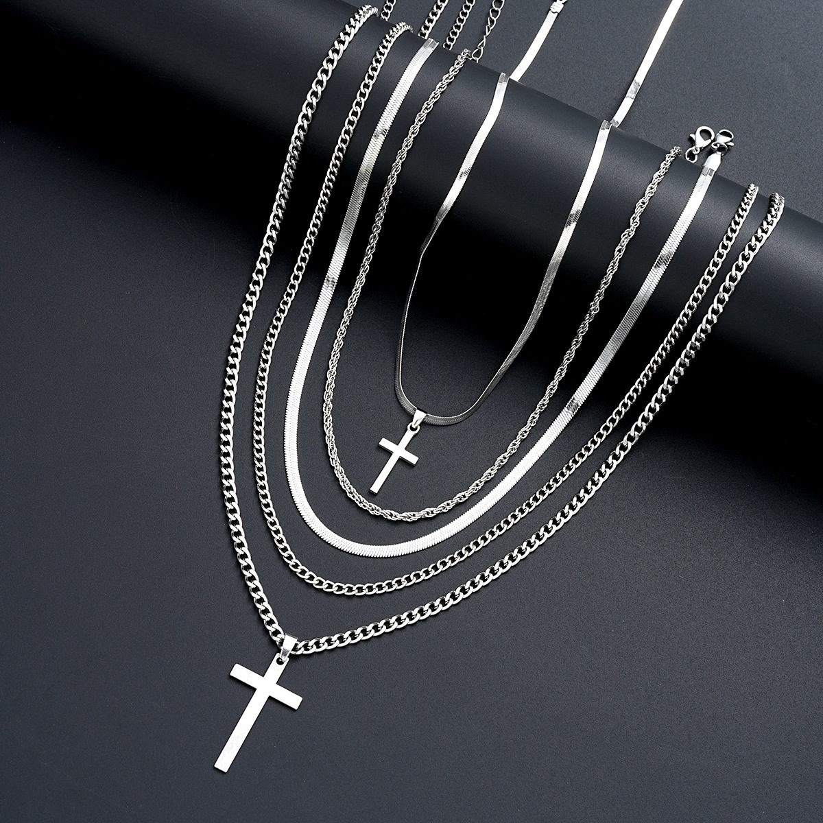 Simple Cold Style Stainless Steel Cross Necklace Set Personality Hip ...